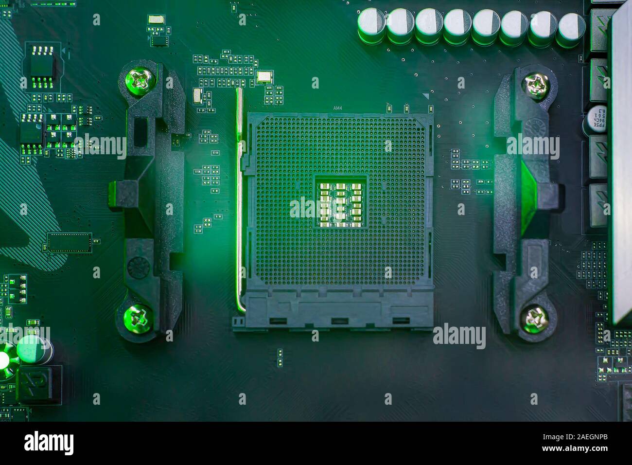Сomputer component is motherboard without processor. View from above ...