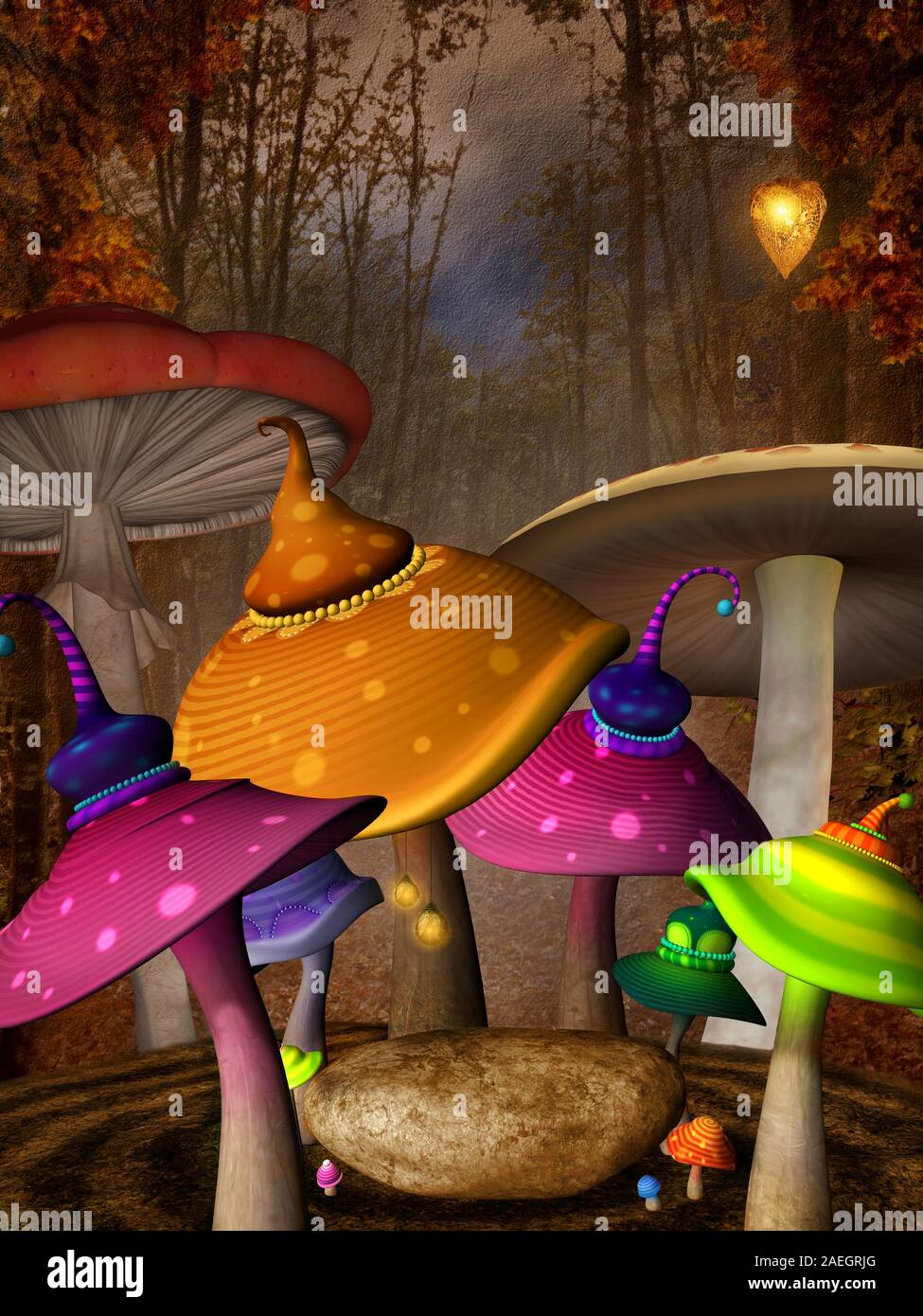 Fantasy forest corner with different mushrooms and a rock Stock Photo ...