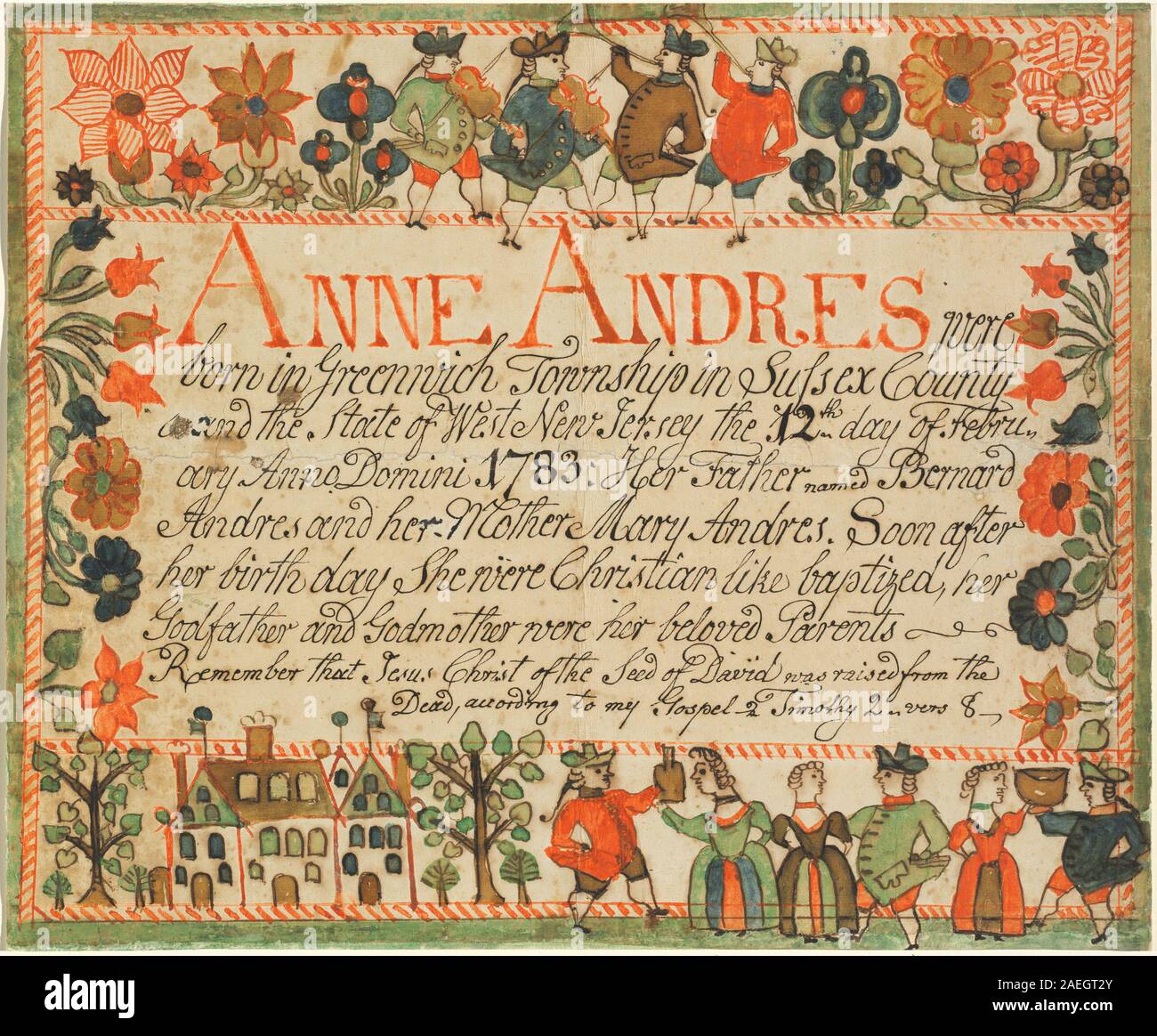John Spangenberg, Birth and Baptismal Certificate of Anne Andres, c ...