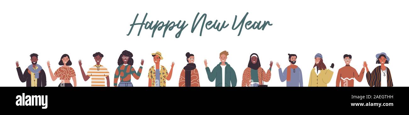 Happy New Year web banner illustration of diverse international people ...