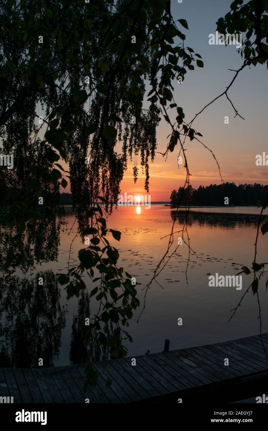 Sunset view framed by a tree, taken from the lakehouse on a long summer ...