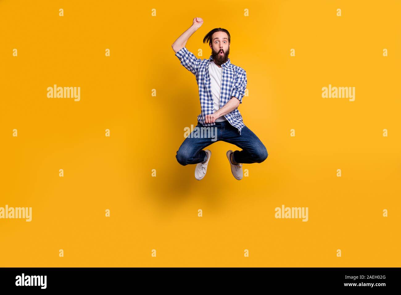 Full length body size view of nice funky cheerful bearded guy in ...