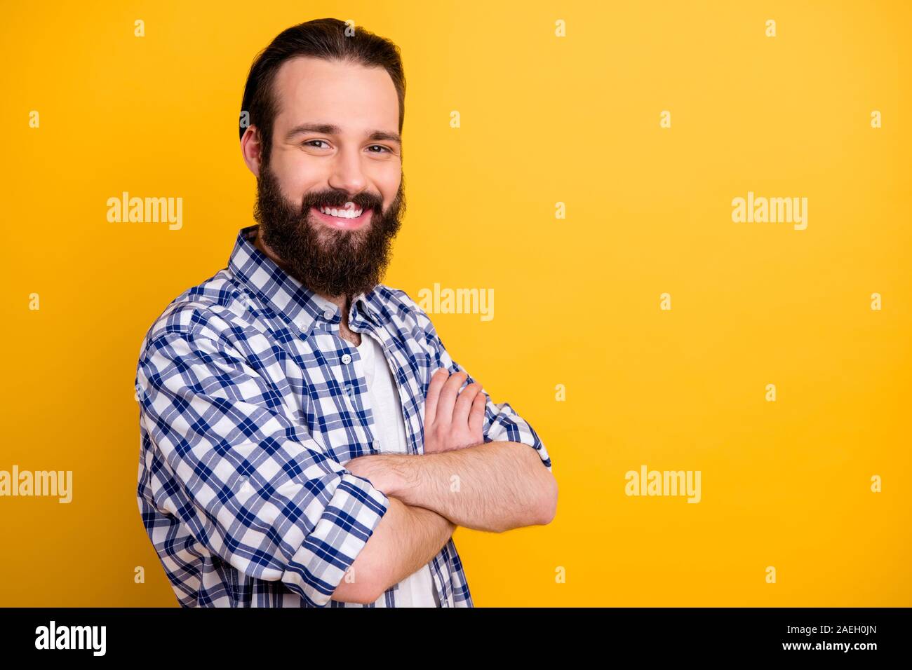 Close-up profile side view portrait of his he nice attractive cheerful ...