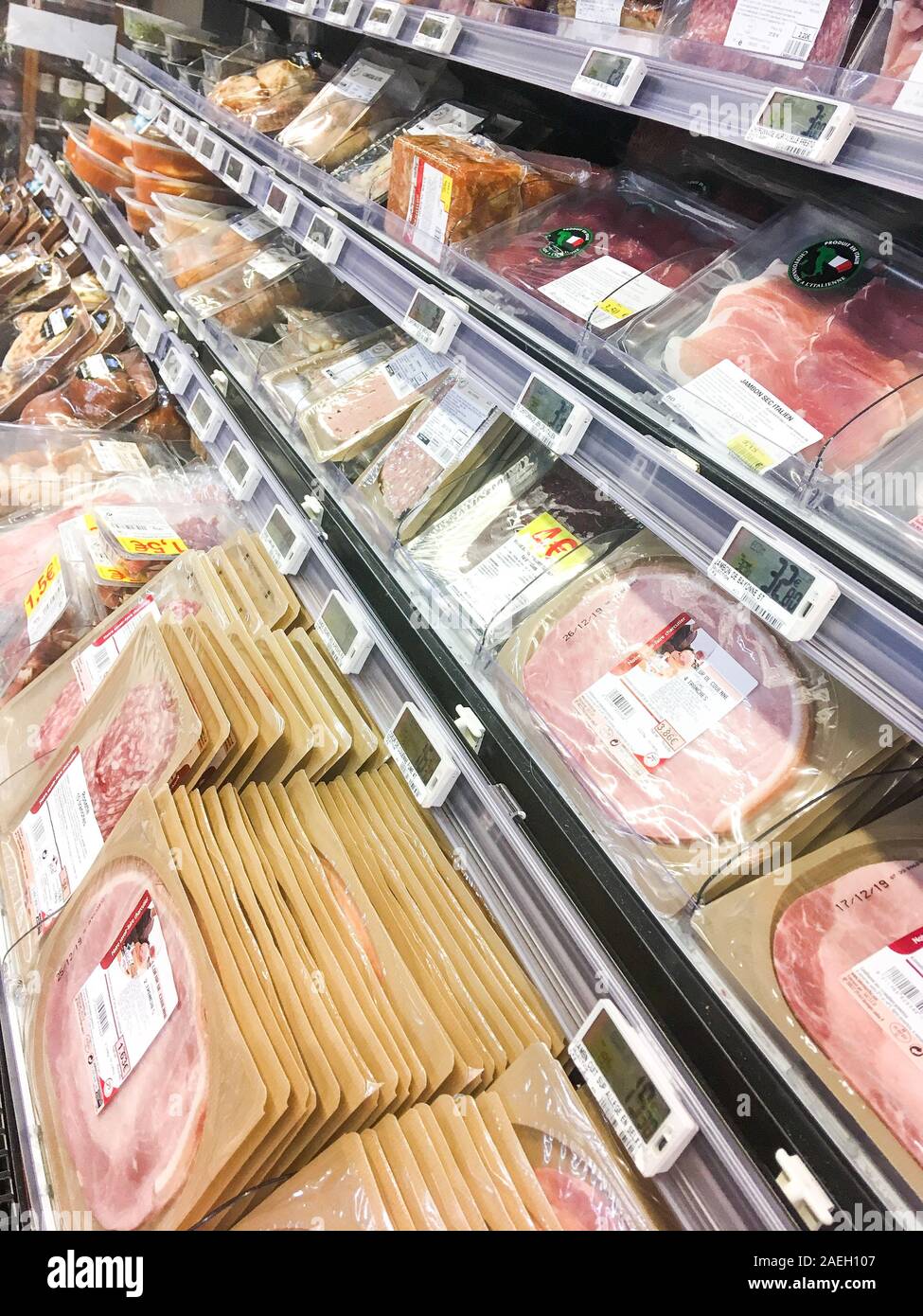 Pork meat products displayed in delicatessen department, Supermarket ...