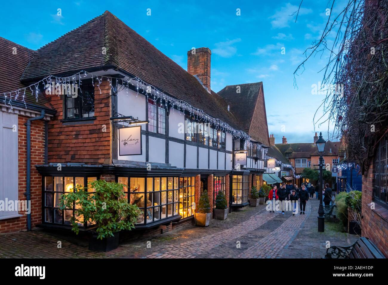 Christmas lights at dusk in Lion & Lamb Yard, Farnham, Surrey, UK Stock ...
