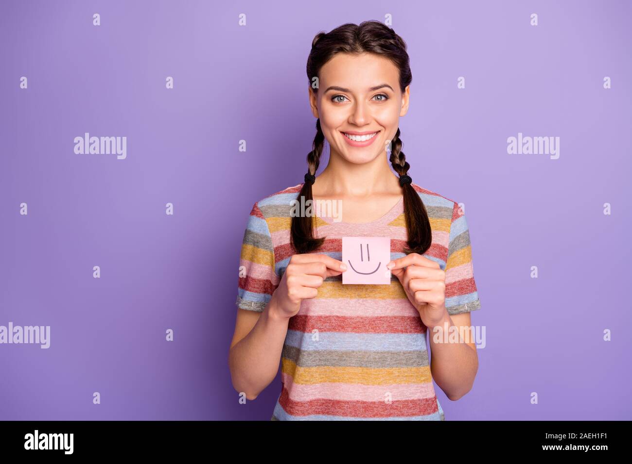 Photo of pretty lady holding paper emoticon good mood showing positive ...