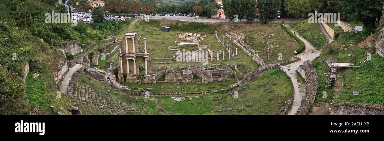 Roman theatre of Voltera, a view from Volterra city walls, Tuscany ...