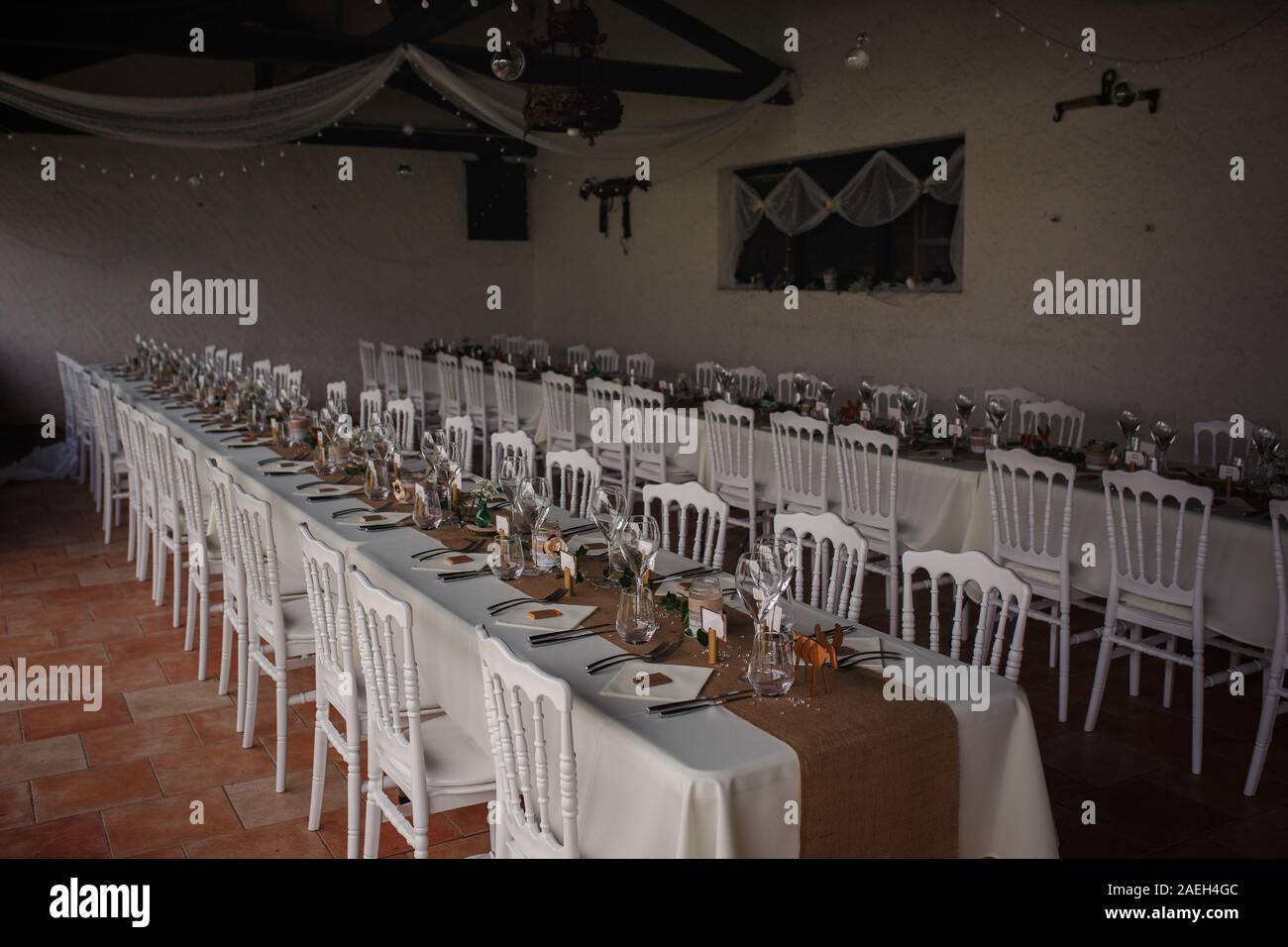 Outdoor catering dinner at the wedding with homemade garnishes ...