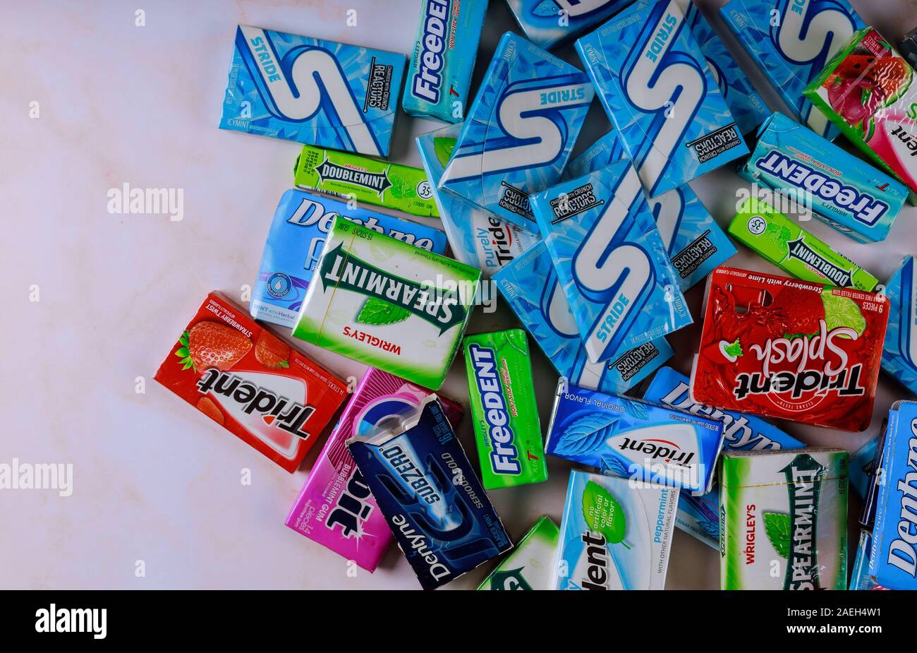 New York NY NOV 29 2019: Various brand of chewing gum in packaging on ...