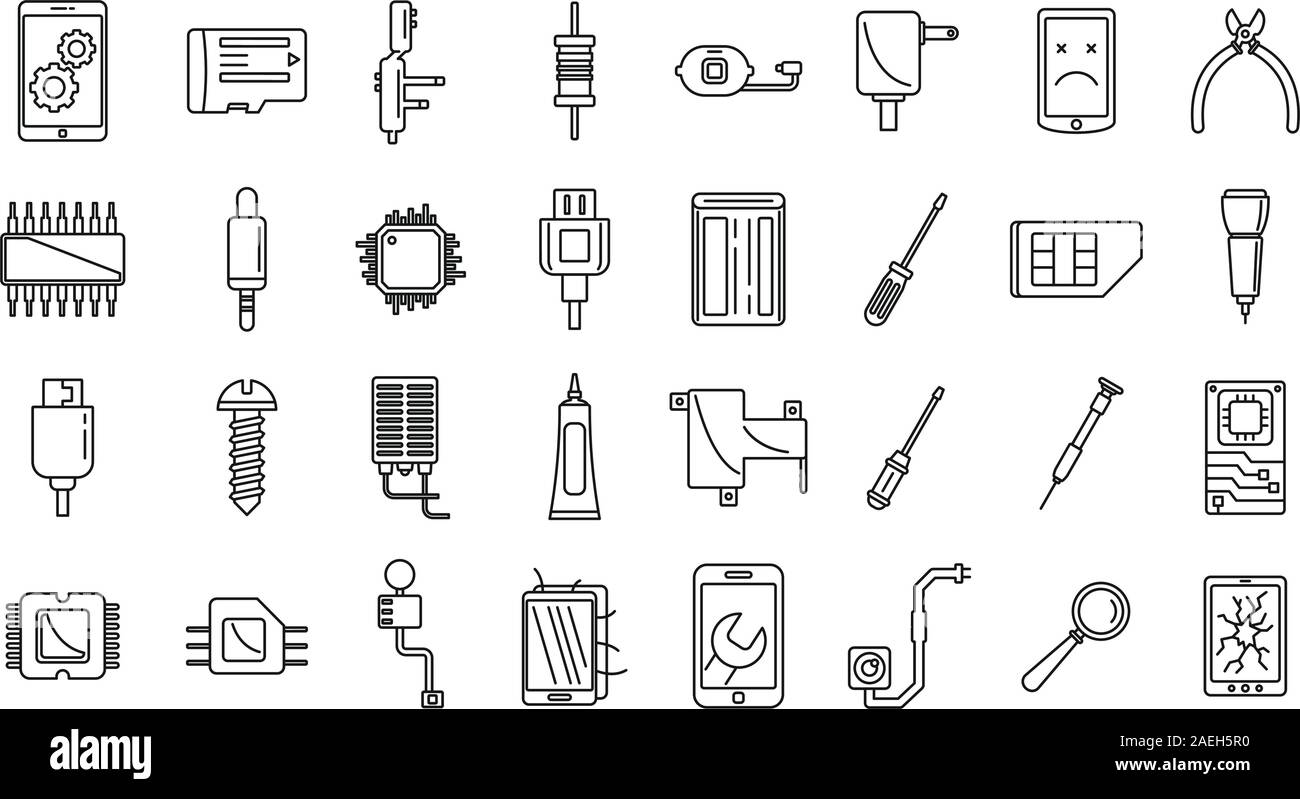 Mobile phone maintenance icons set. Outline set of mobile phone ...