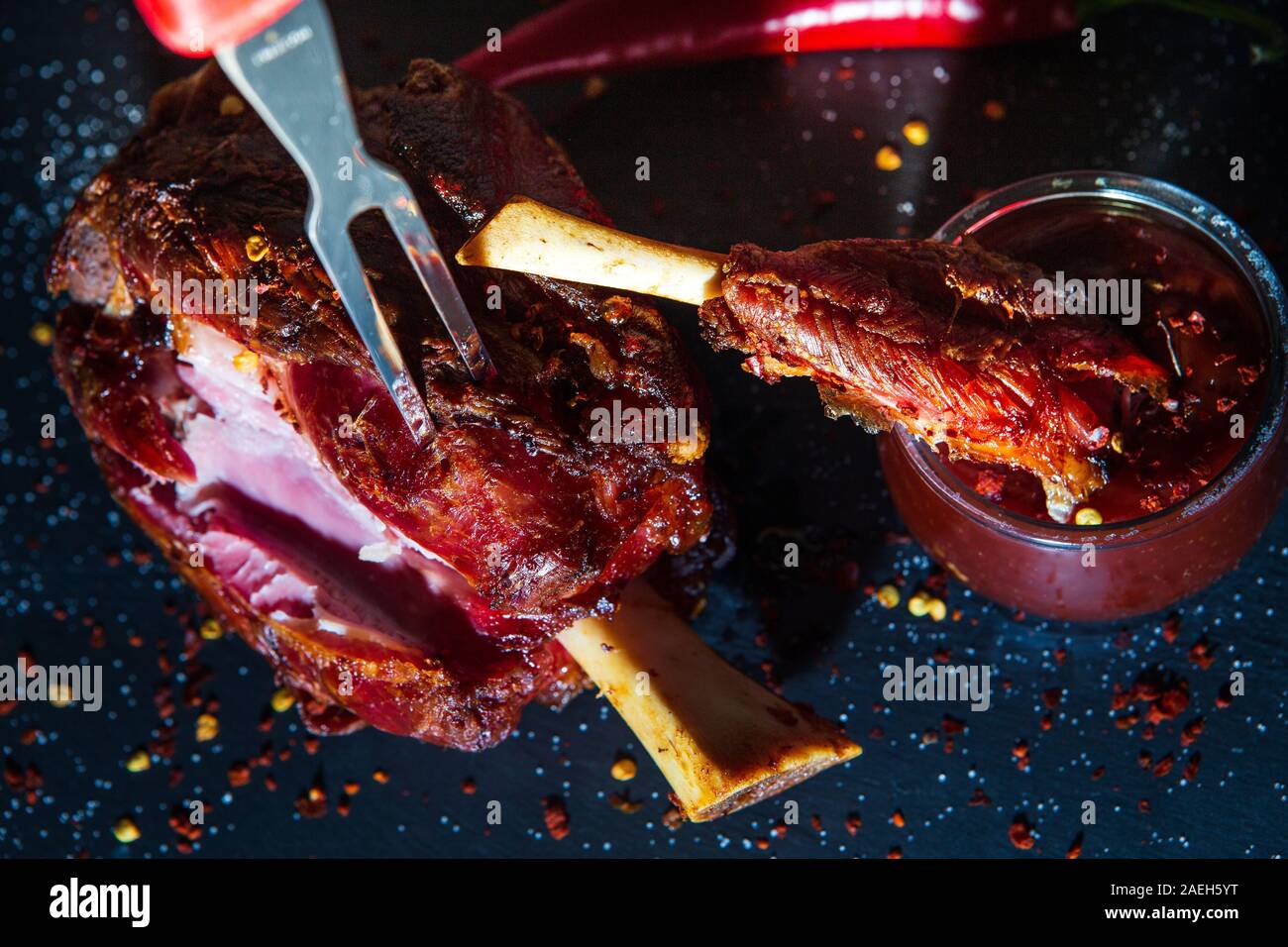 Meat is cooked in the barbecue. Pig balance Stock Photo - Alamy