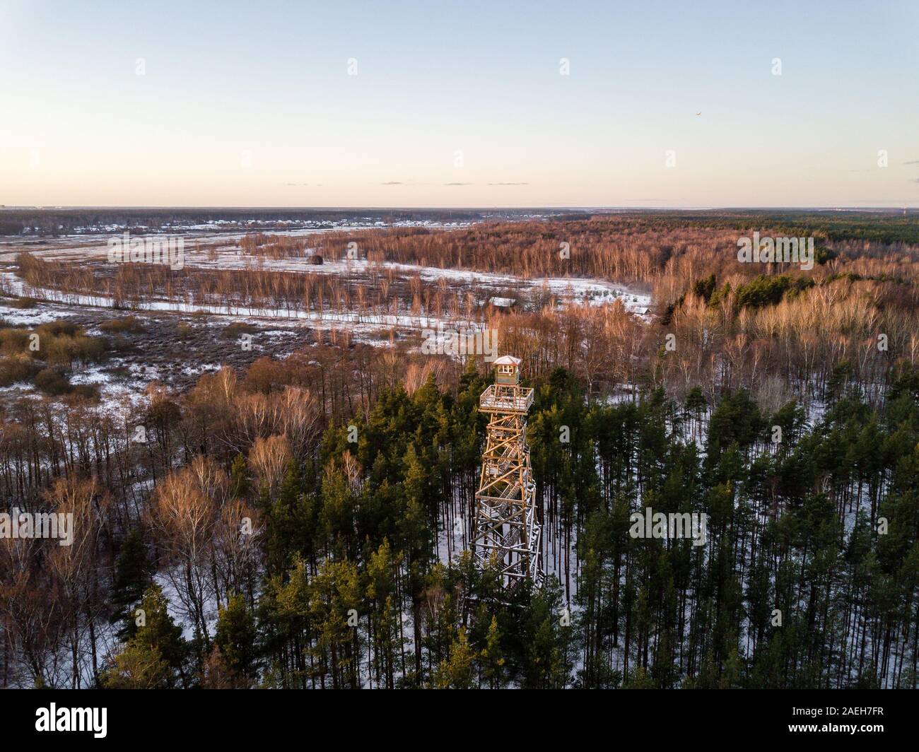 aerial view of wooden watchtower in forest. drone image Stock Photo - Alamy