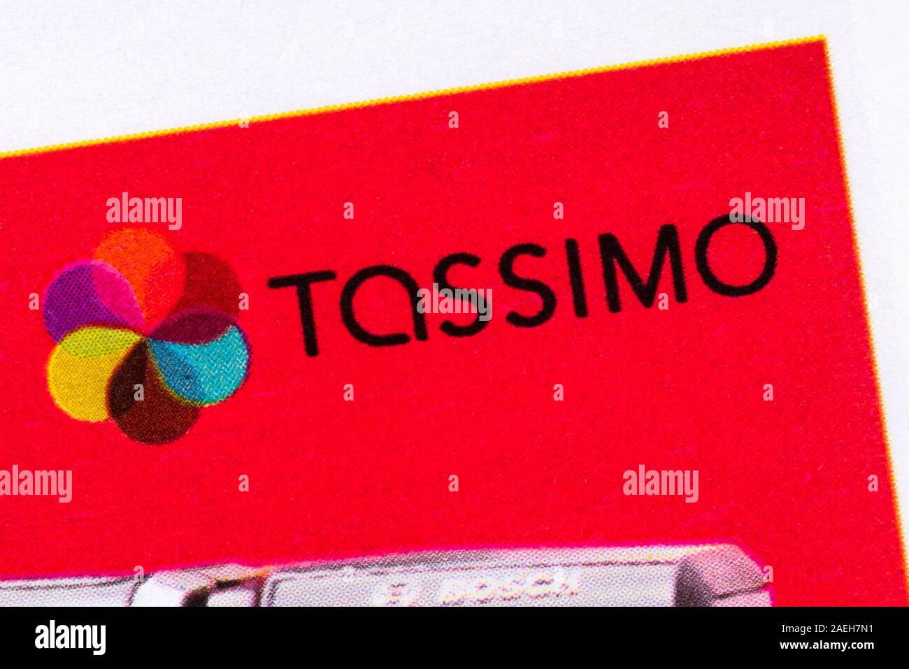 London, UK - December 5th 2019: Close-up of the Tassimo brand logo in a ...