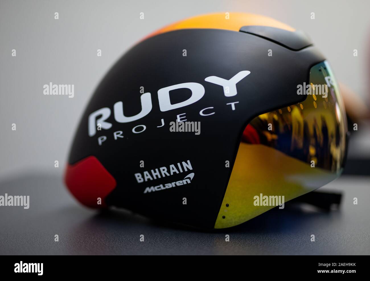 General view of the racing helmet on display during a team launch at ...