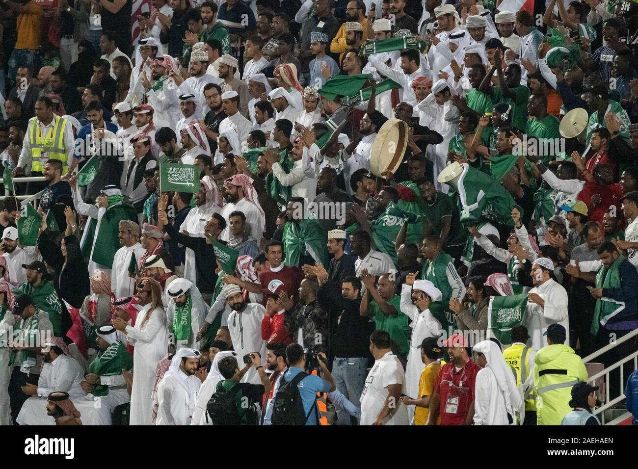 Saudi fans cheering for their team in the Gulf Cup final. Bahrain won ...
