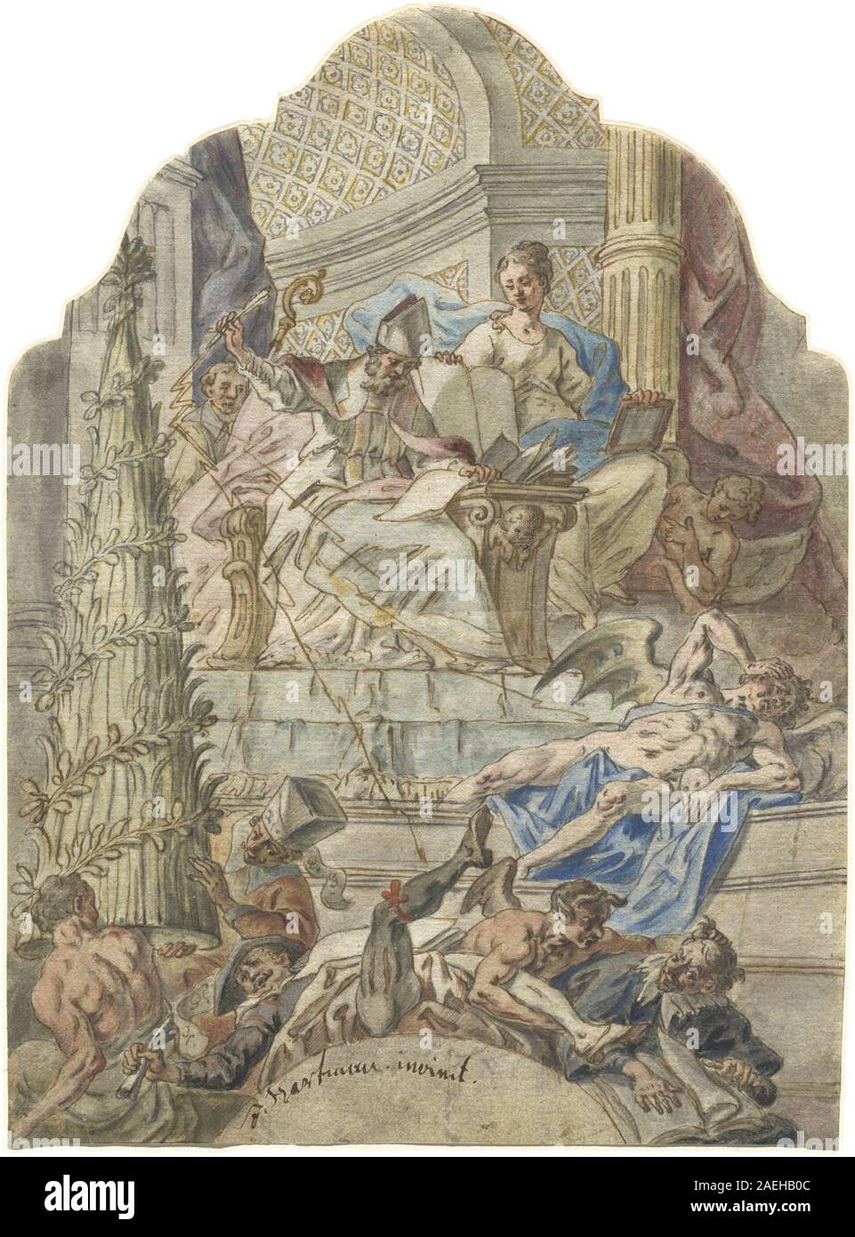 Artwork by Joseph Hartmann depicting Saint Augustine striking heresy with lightning bolts ...