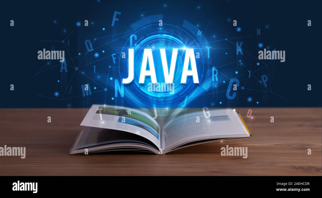 JAVA inscription coming out from an open book, digital technology ...