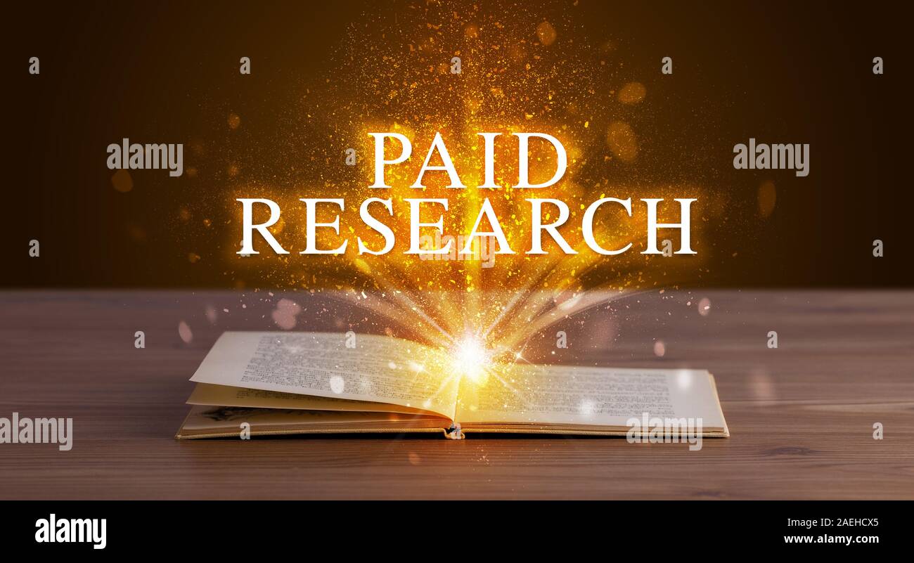 PAID RESEARCH inscription coming out from an open book, educational ...