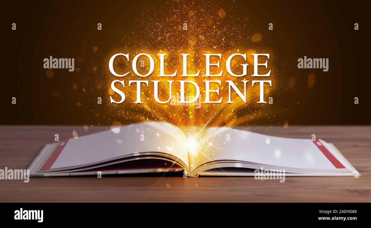 COLLEGE STUDENT inscription coming out from an open book, educational ...