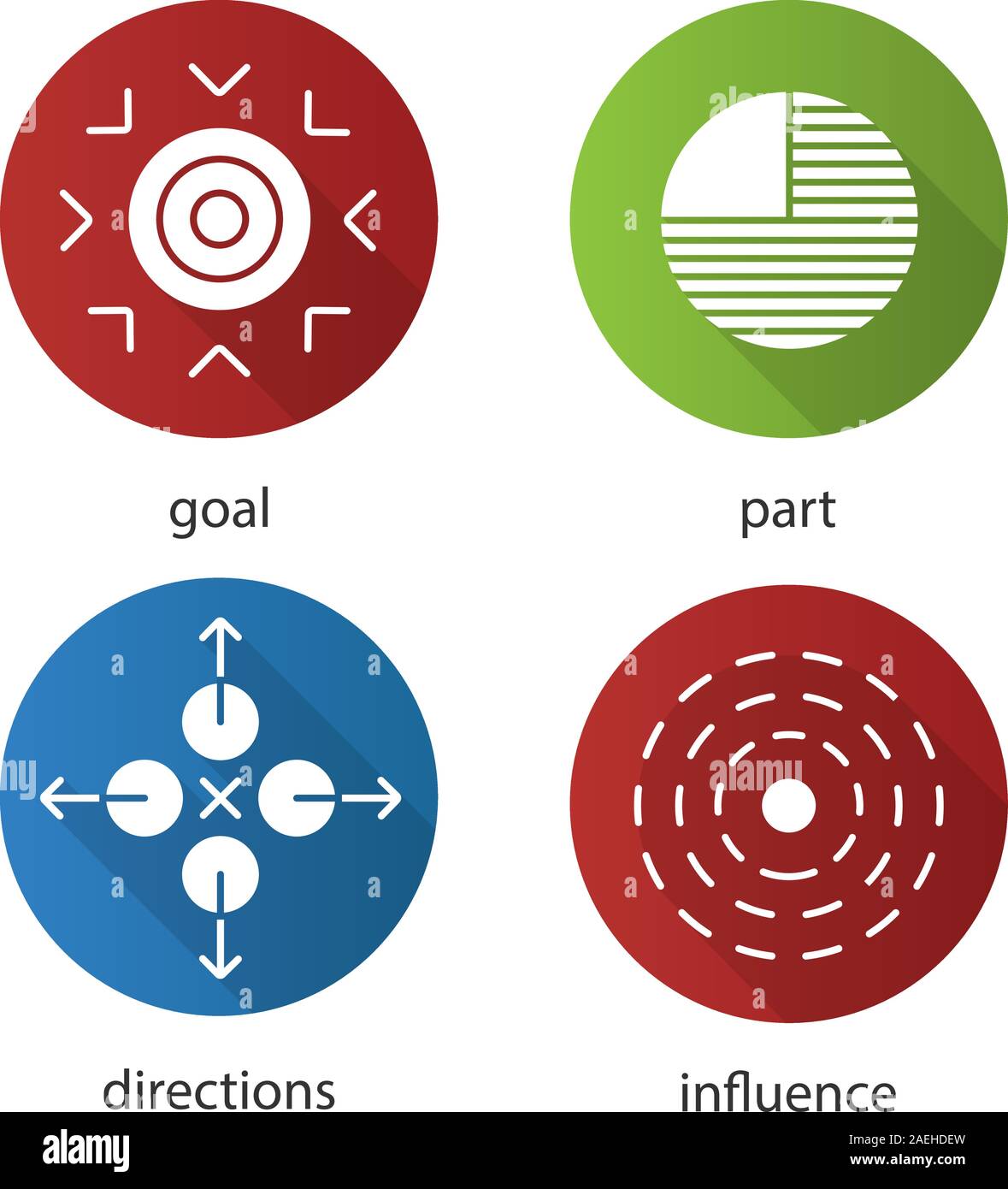 Abstract metaphors flat design long shadow icons set. Goal, part ...