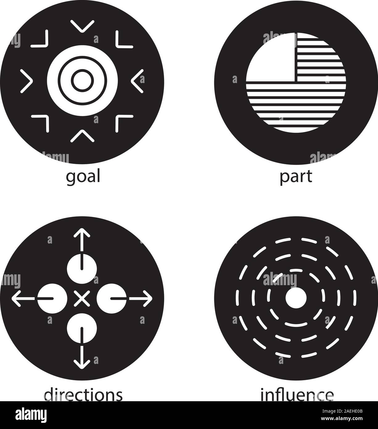 Abstract symbols icons set. Goal, part, directions, influence concepts ...
