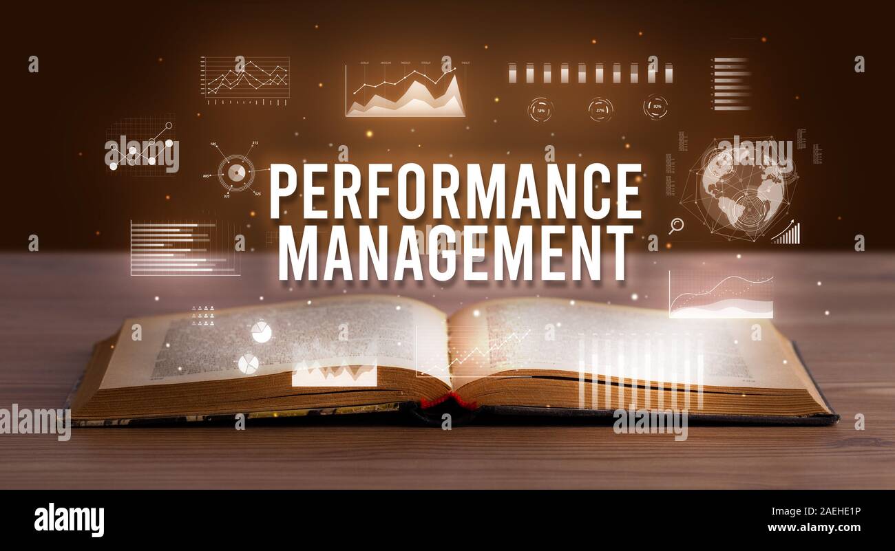 PERFORMANCE MANAGEMENT inscription coming out from an open book ...