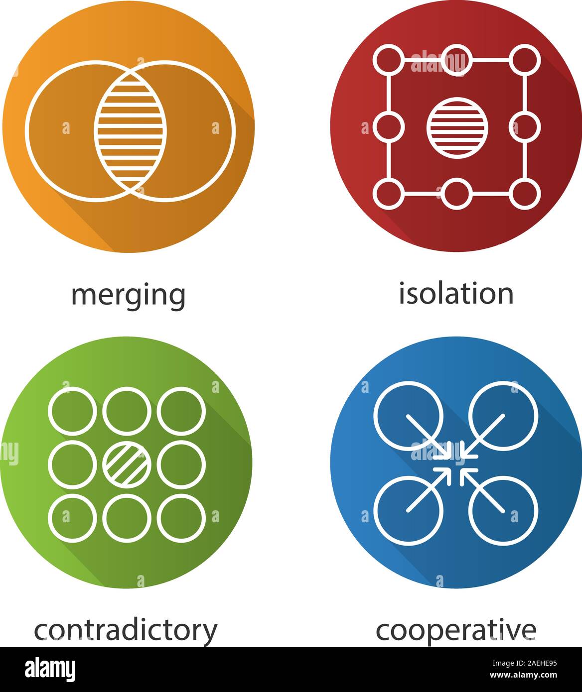 Abstract symbols flat linear long shadow icons set. Merging, isolation ...