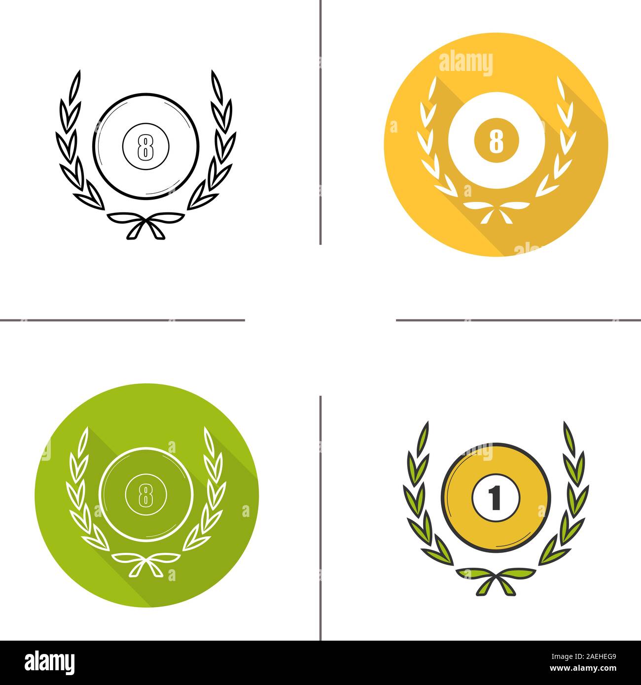 Billiard championship icon. Flat design, linear and color styles. Billiard ball in laurel wreath ...