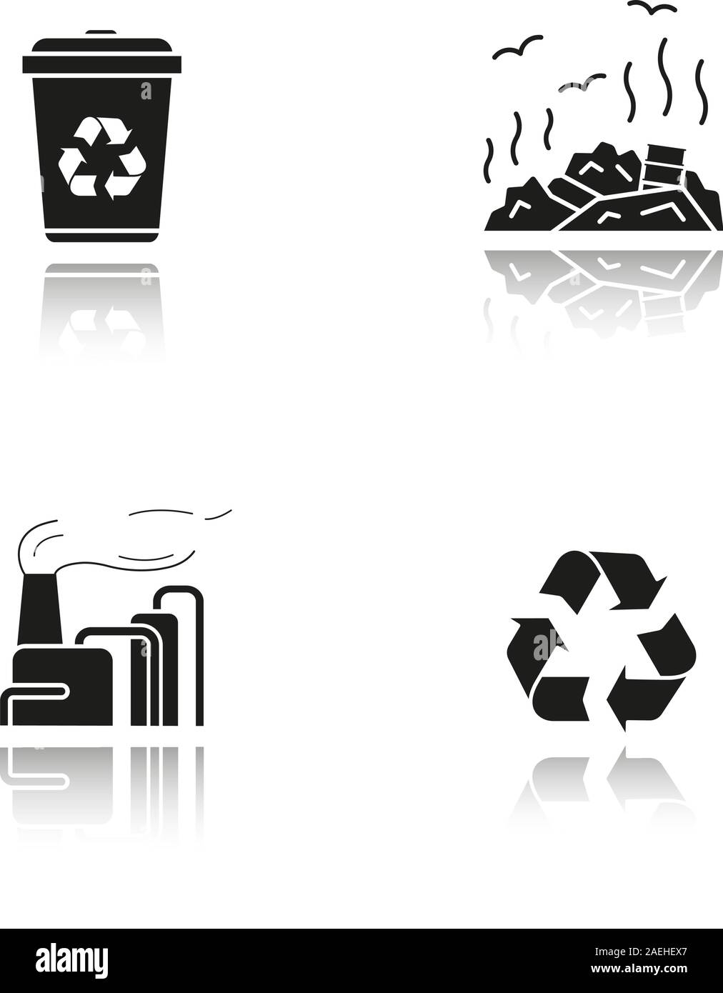 Waste management drop shadow black icons set. Recycle bin symbol ...