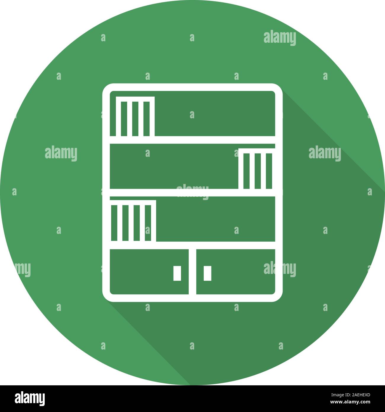 Bookcase flat linear long shadow icon. Bookshelf. Vector line symbol ...