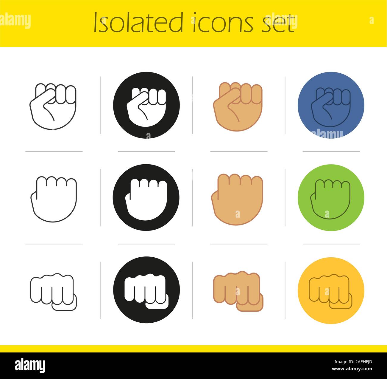 Punch hand gestures icons set. Linear, black and color styles. Squeezed ...
