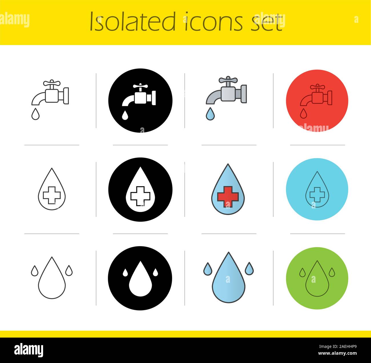 Water resources icons set. Linear, black and color styles. Faucet, pure ...