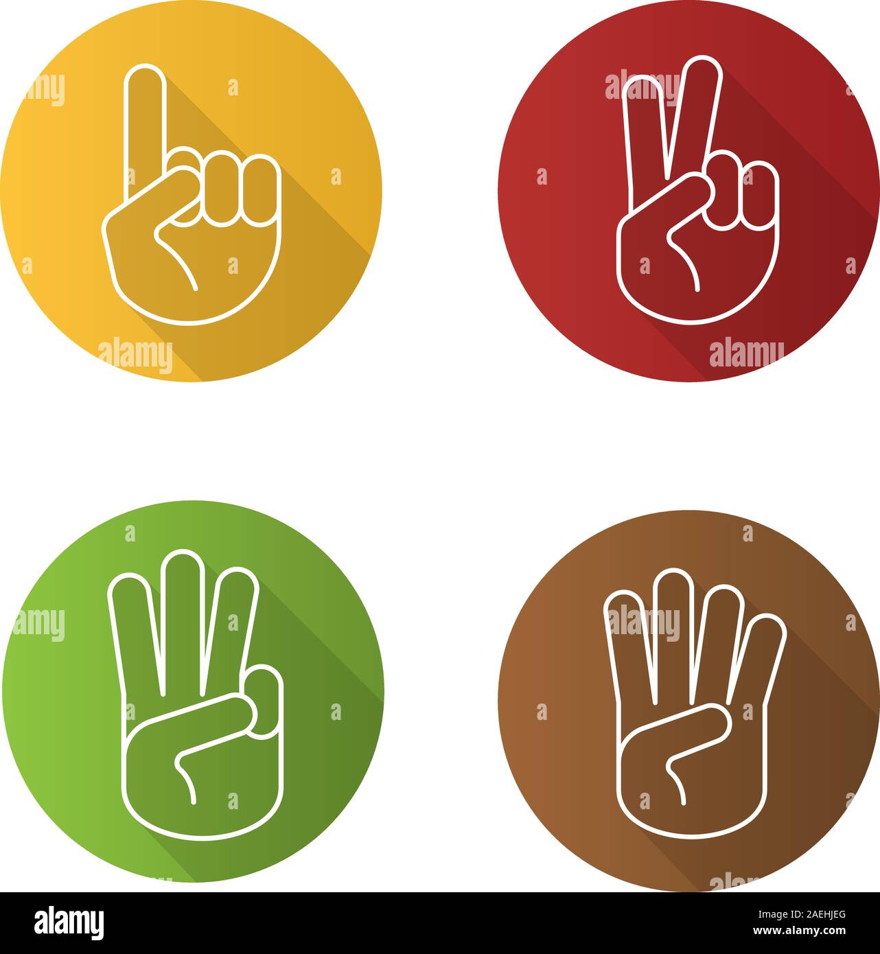 Hand gestures flat linear long shadow icons set. One, two, three and ...