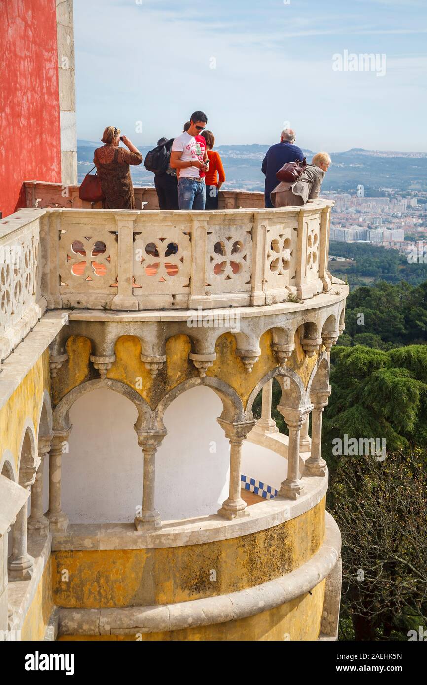 View of a round corner turret the ornate Pena Palace, in the mountains ...
