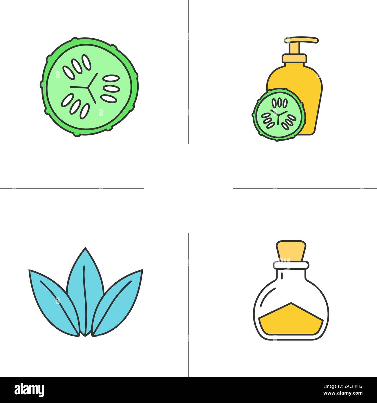 Spa salon color icons set. Cucumber slice and lotion container, salt ...