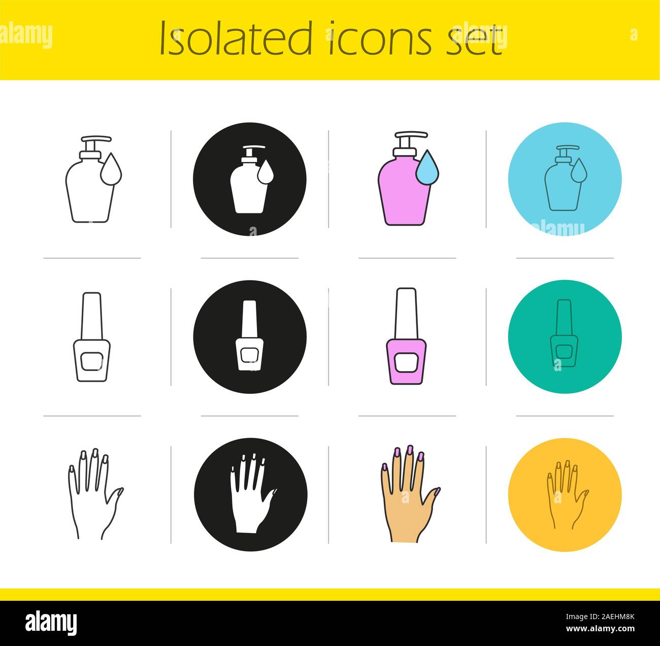 Manicure icons set. Linear, black and color styles. Woman's hand with ...