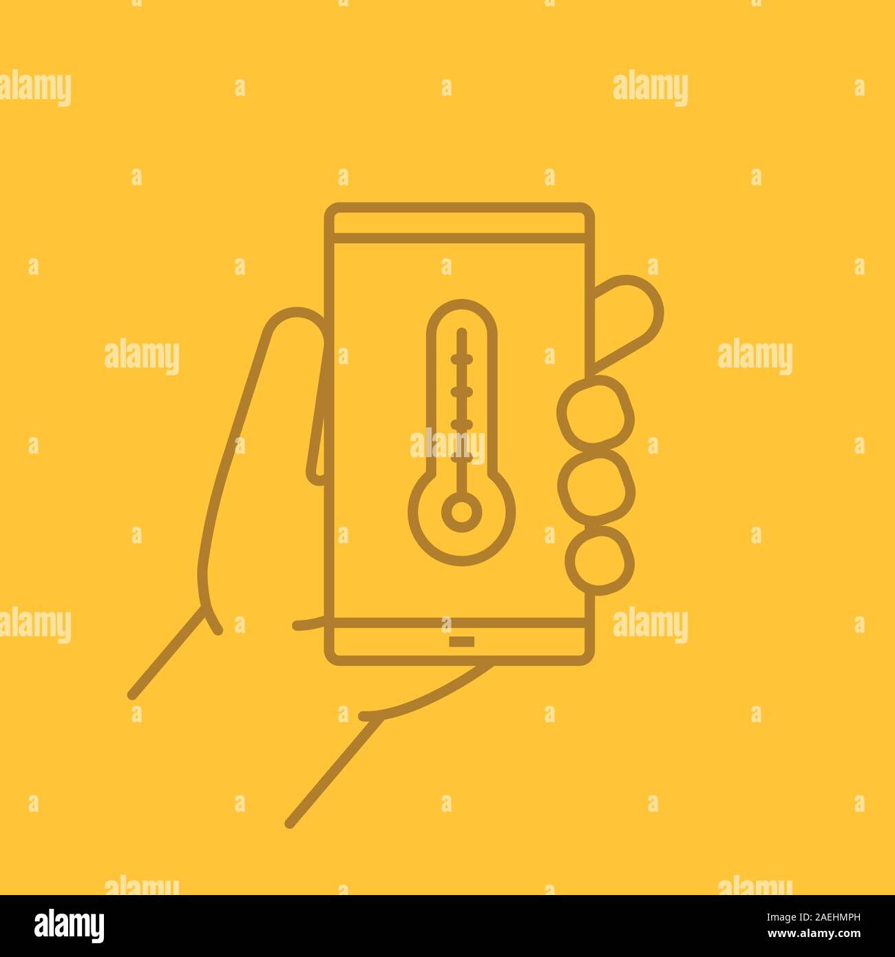 Hand holding smartphone color linear icon. Smart phone weather forecast ...