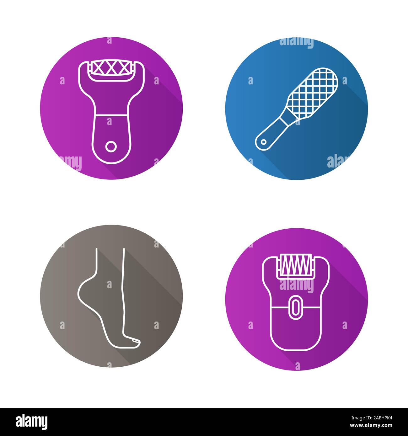 Feet care flat linear long shadow icons set. Woman's foot, file, rasp ...