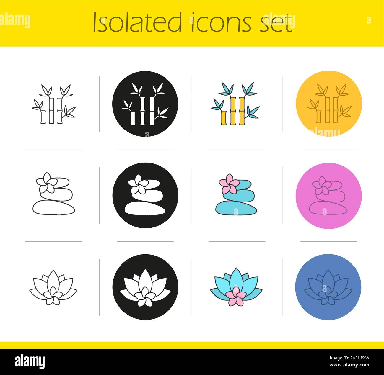 Spa salon icons set. Linear, black and color styles. Stones for massage ...