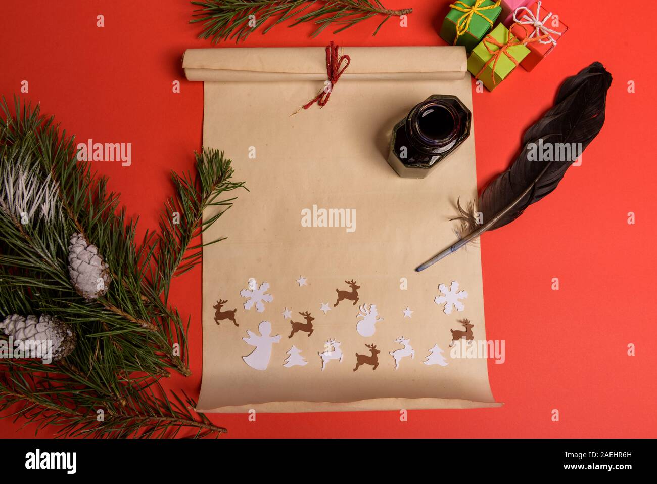 Empty letter for Santa Claus. Copy space. Red background Stock Photo ...