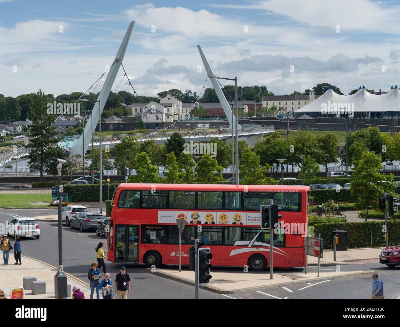 Double-Decker Bus moving across the city, Londonderry, Northern Ireland ...