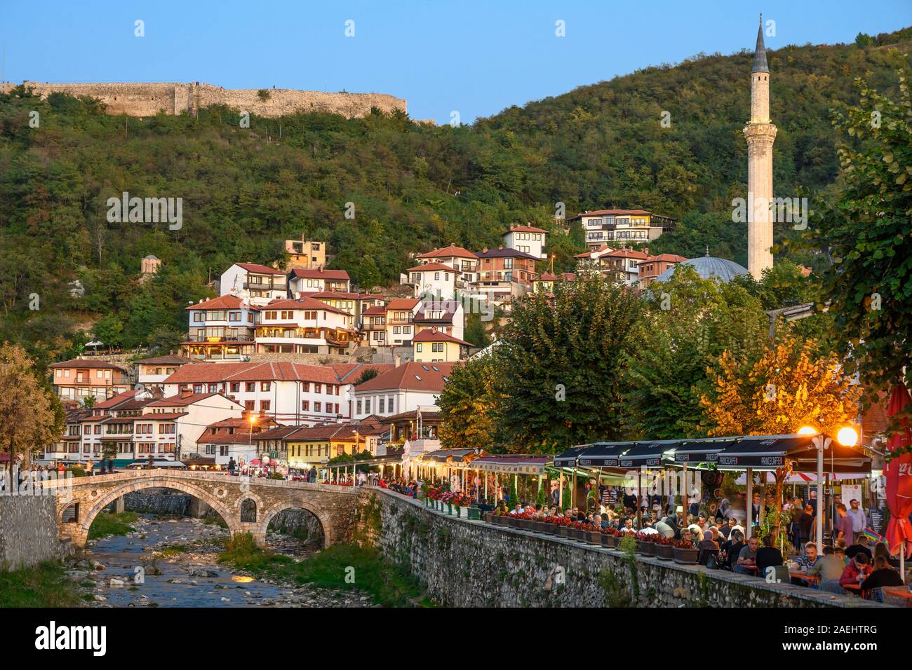 Cafes and restaurants by the side e of the Bistrica River with The old ...