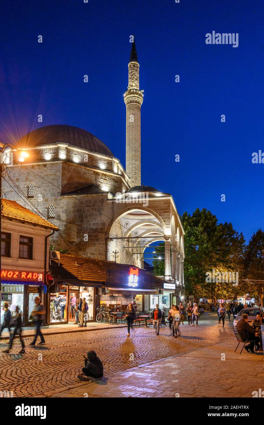 The Sinan Pasha Mosque at night in the old town of Prizren, Kosovo ...