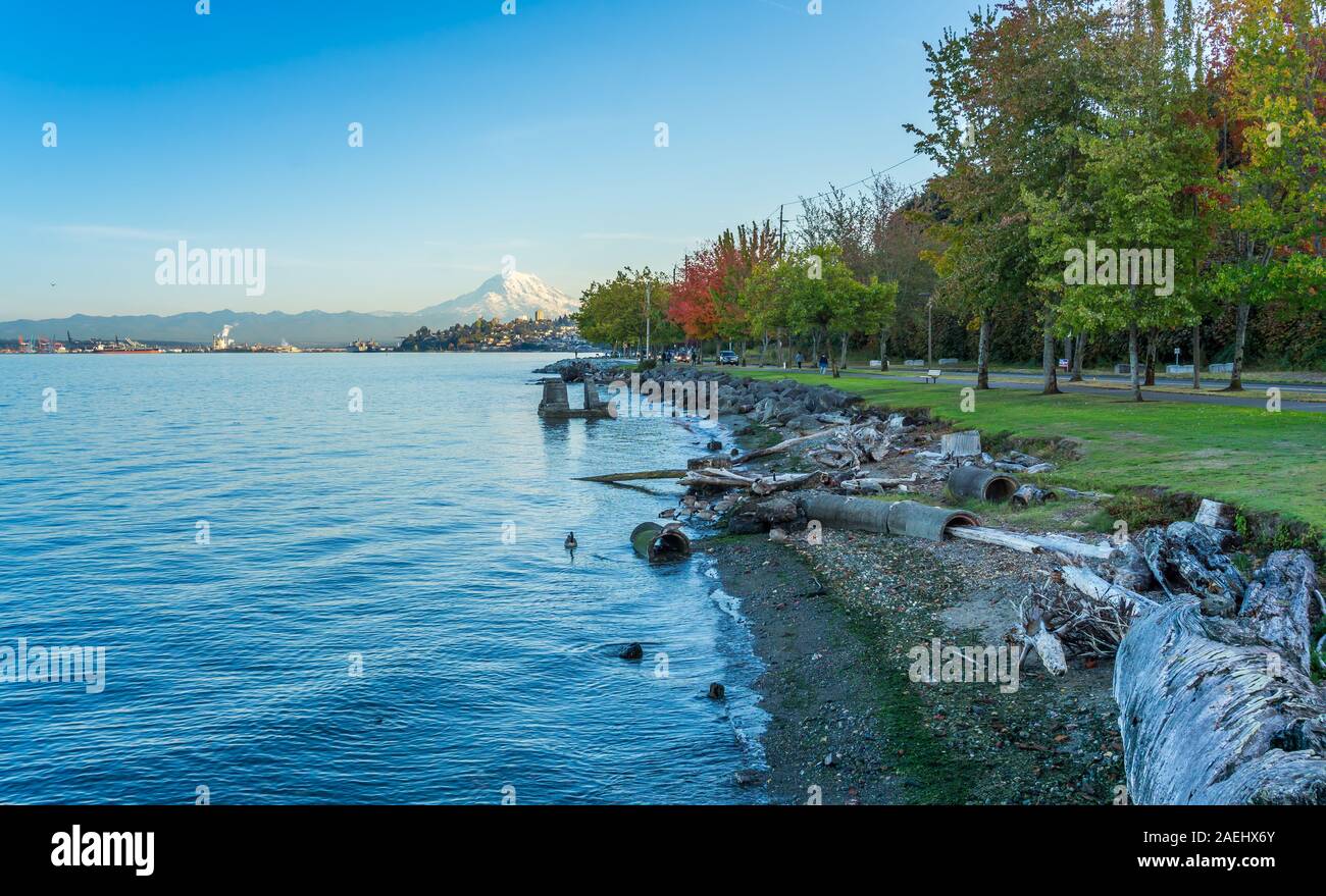 A view of Mount Rainier and the shoreline in Ruston, Washington Stock ...