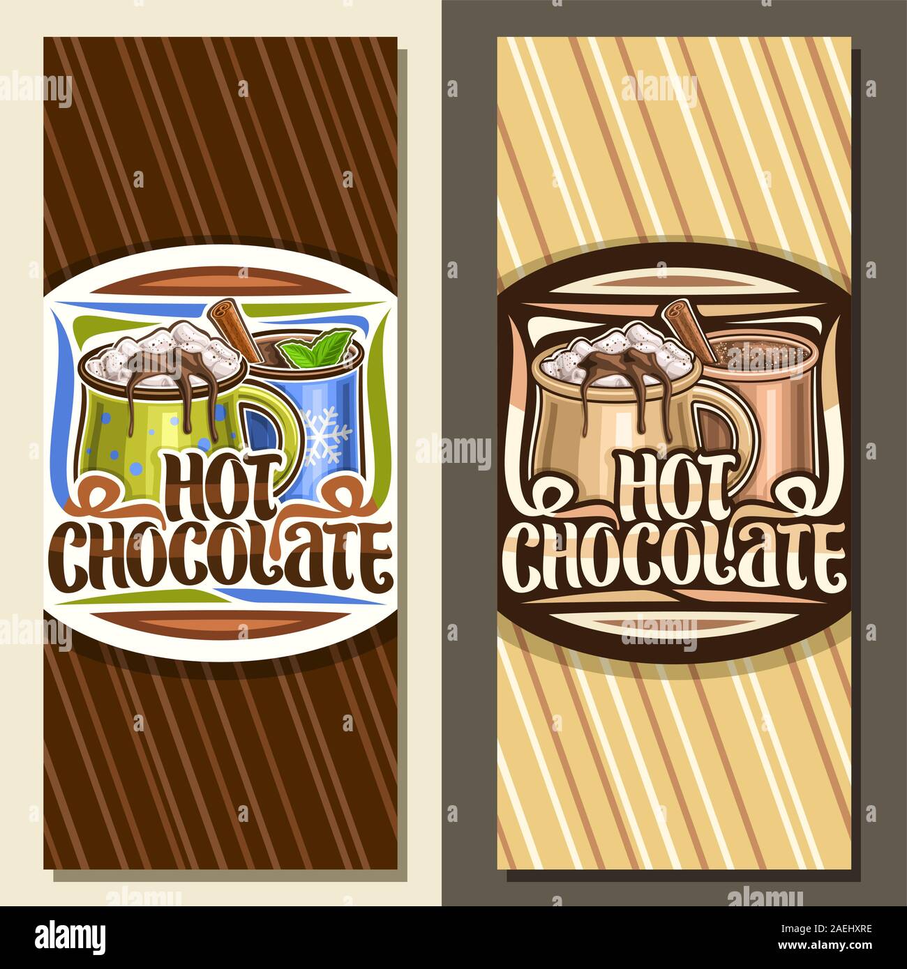 Vector layouts for Hot Chocolate, decorative card with 2 cups of warm ...