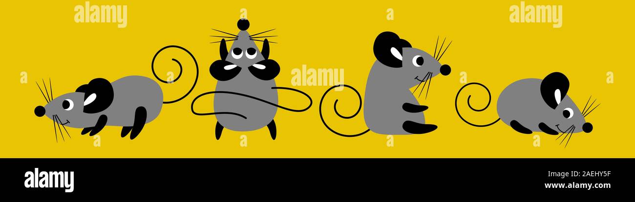 Horisontal banner with cute cartoon mise. Grey rodent set on yellow ...