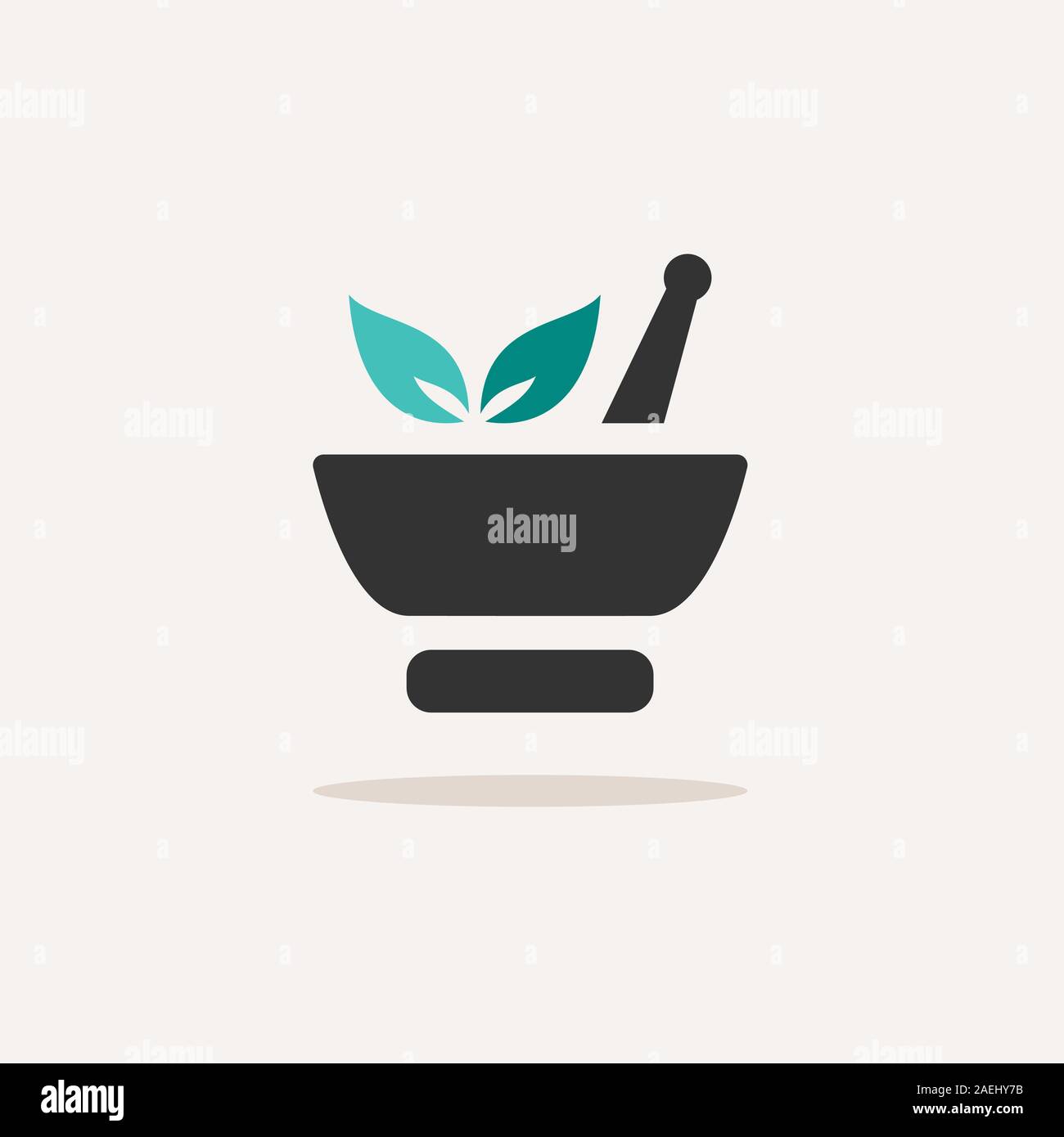 Mortar with plants. Icon with shadow on a beige background. Pharmacy ...