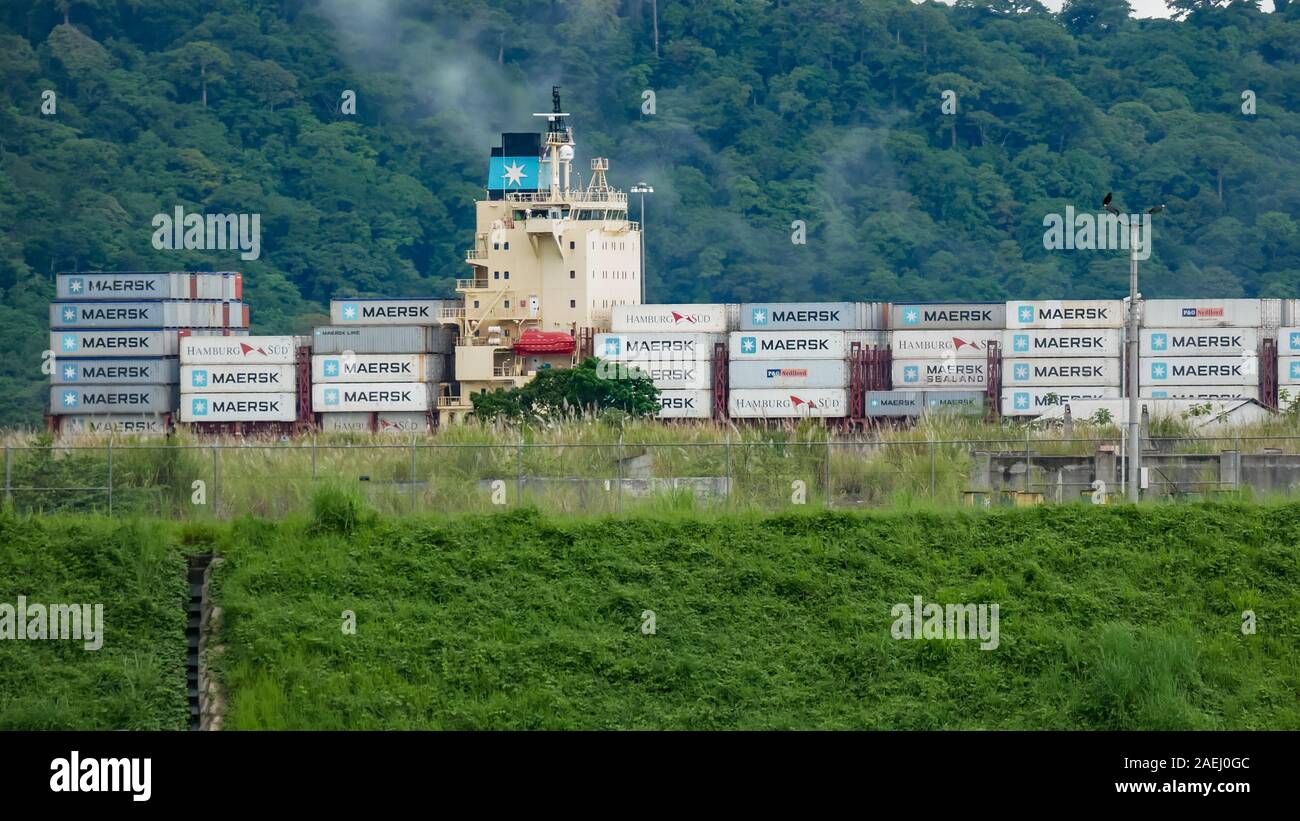 Closeup of a Container ship crossing Gatun Locks in Panama Canal with ...
