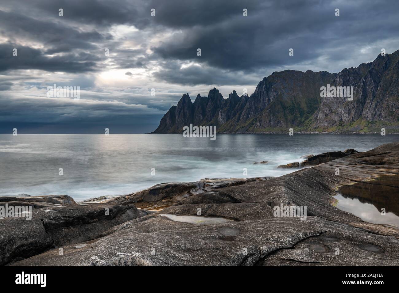 Coast at Tungeneset,view over famous Devil's teeth peaks rock formation ...