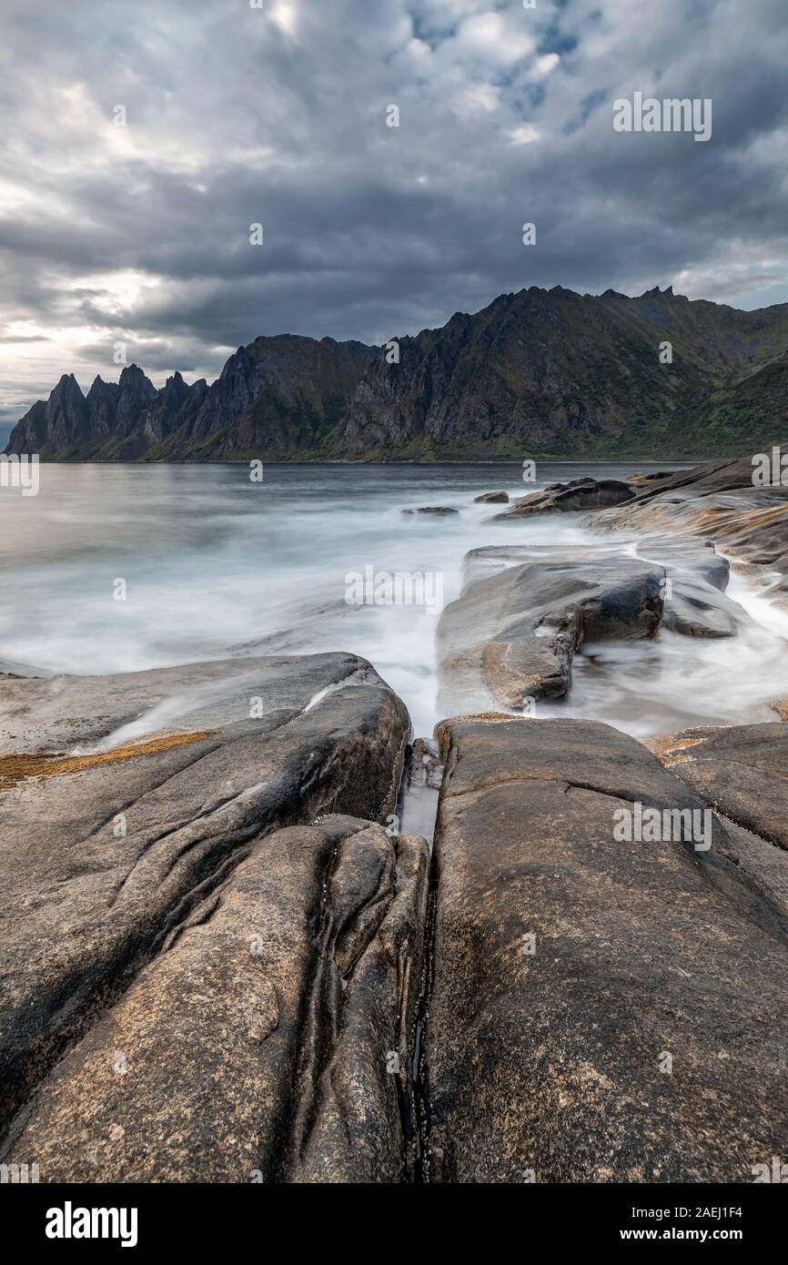 Coast at Tungeneset,view over famous Devil's teeth peaks rock formation ...
